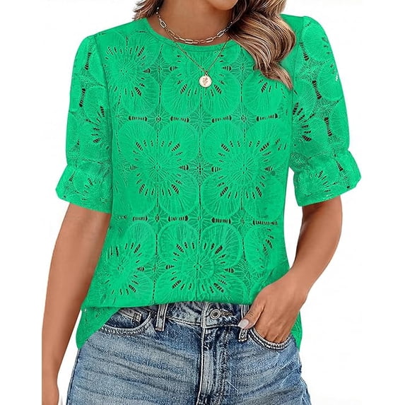 FreshPretty Lace Tops for Women Blouses Dressy Casual Boho Eyelet Puff ...