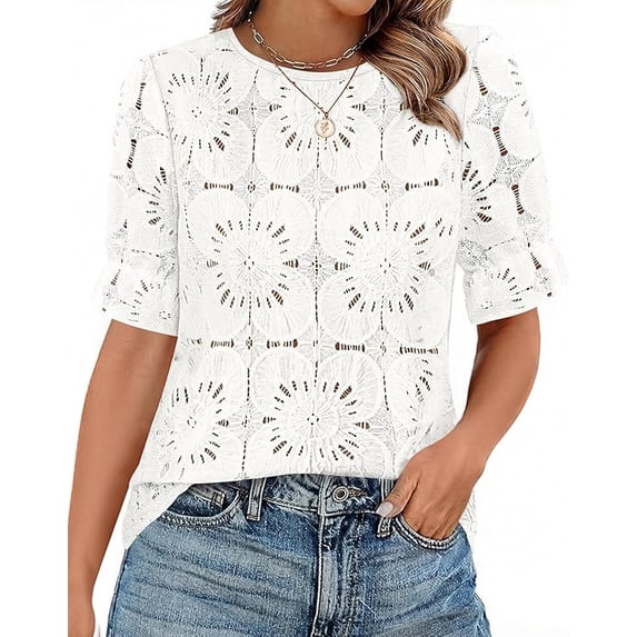 FreshPretty Lace Tops for Women Blouses Dressy Casual Boho Eyelet Puff ...