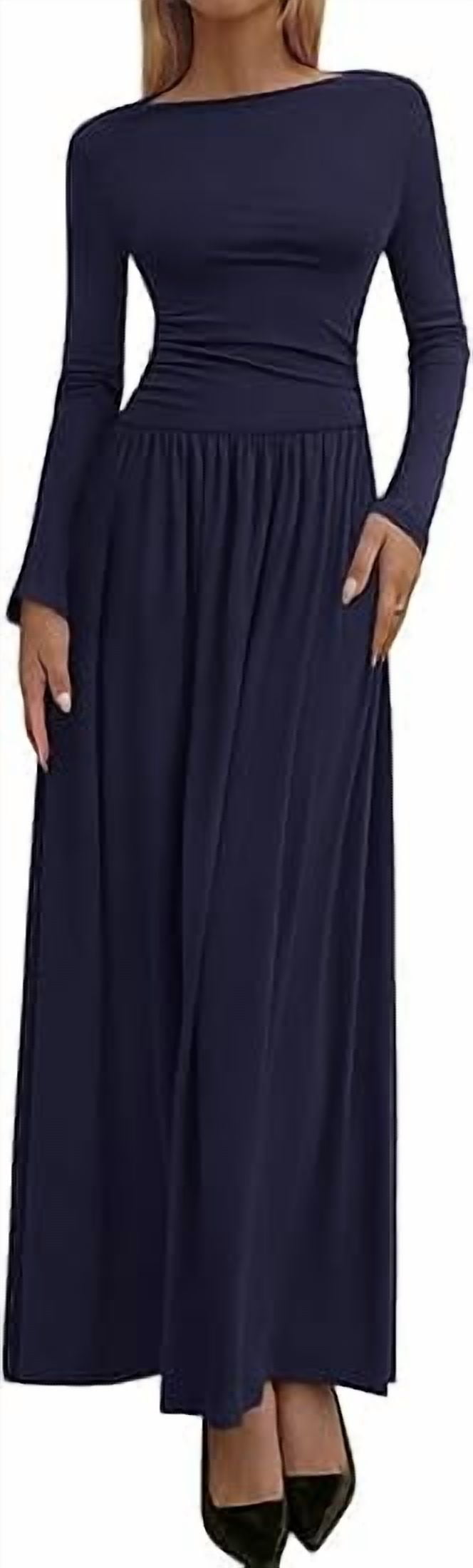 FreshPretty Long Sleeve Maxi Dresses for Women Fall Casual Ruched Boat ...