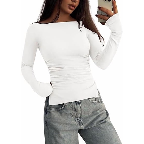 FreshPretty Long Sleeve Shirts for Women Fall Casual Boat Neck Knit ...