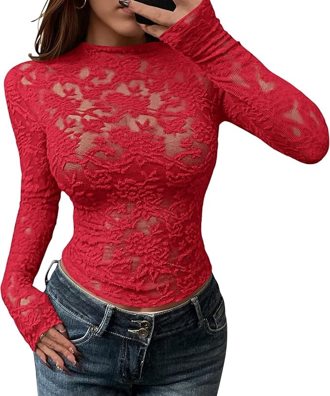 FreshPretty Mesh Long Sleeve Tops for Women Lace Sexy Sheer Tight See ...