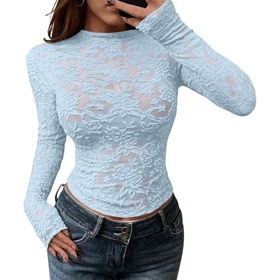 FreshPretty Mesh Long Sleeve Tops for Women Lace Sexy Sheer Tight See ...