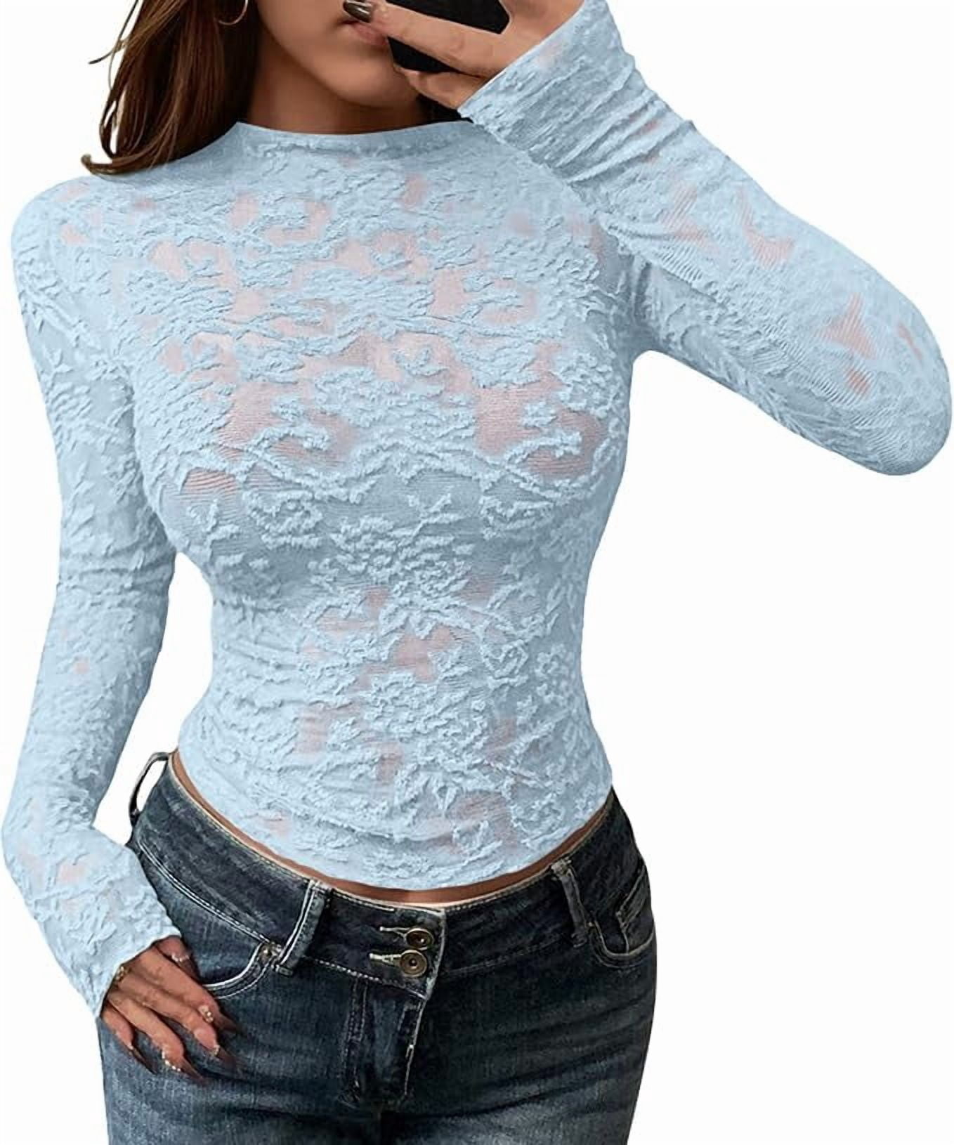 FreshPretty Mesh Long Sleeve Tops for Women Lace Sexy Sheer Tight See ...