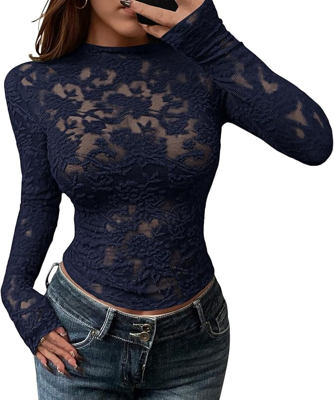 FreshPretty Mesh Long Sleeve Tops for Women Lace Sexy Sheer Tight See ...
