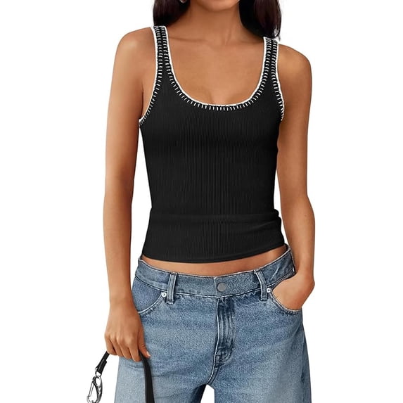 FreshPretty Sleeveless Tops for Women Summer Scoop Neck Tank Stitch ...