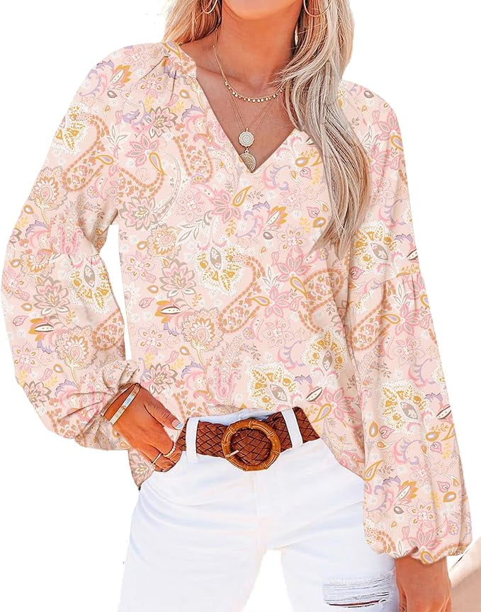 FreshPretty Women Casual Boho Blouse Dressy Floral Puff Long Sleeve ...