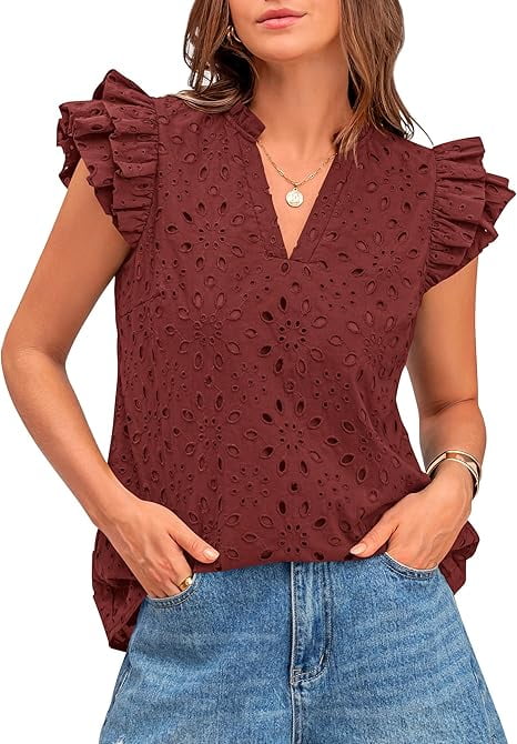 FreshPretty Women Summer Eyelet Tops Dressy Casual V Neck Ruffle Cap ...