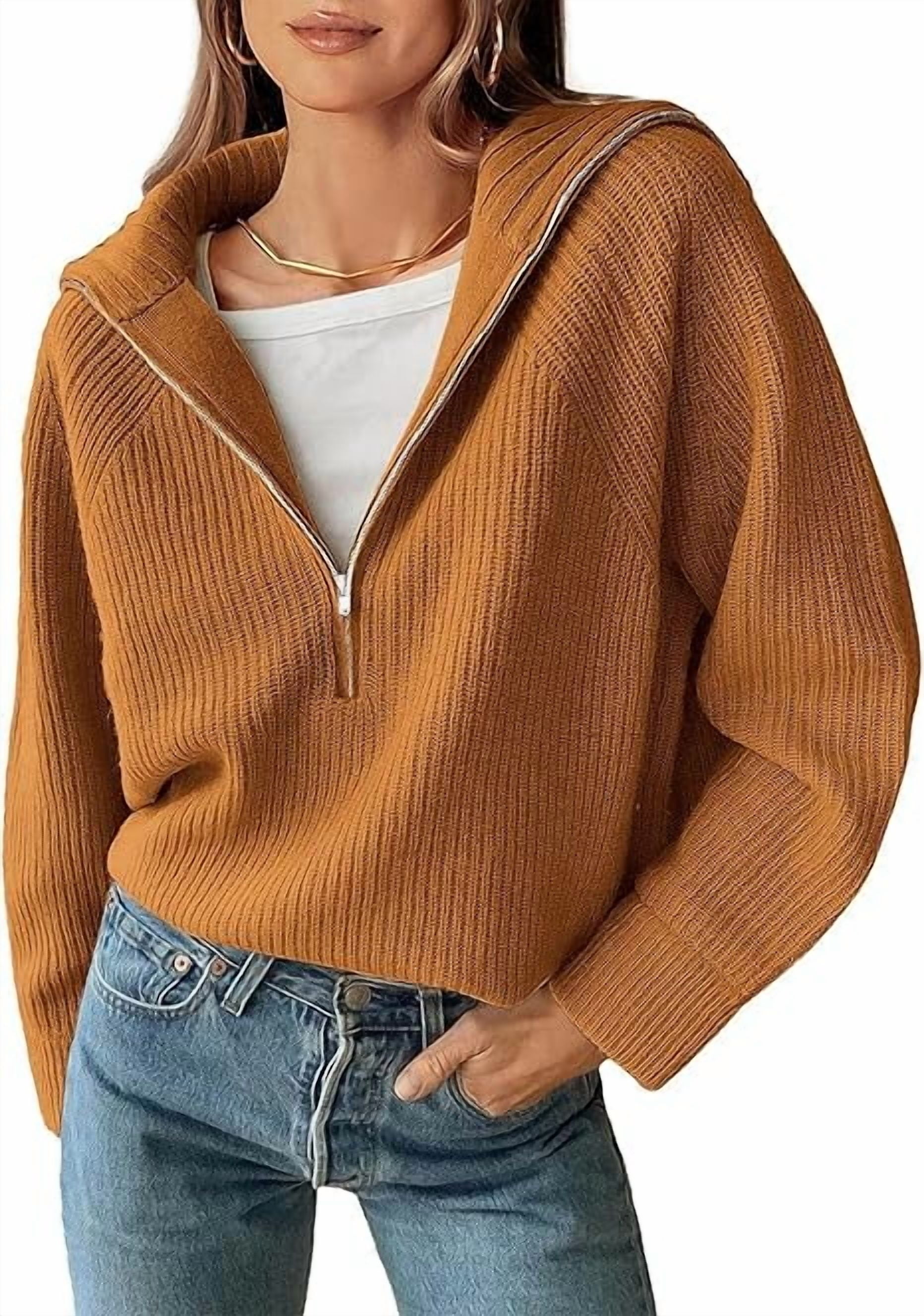 FreshPretty Women’s Casual Long Sleeve Half Zip Pullover Sweaters Solid ...