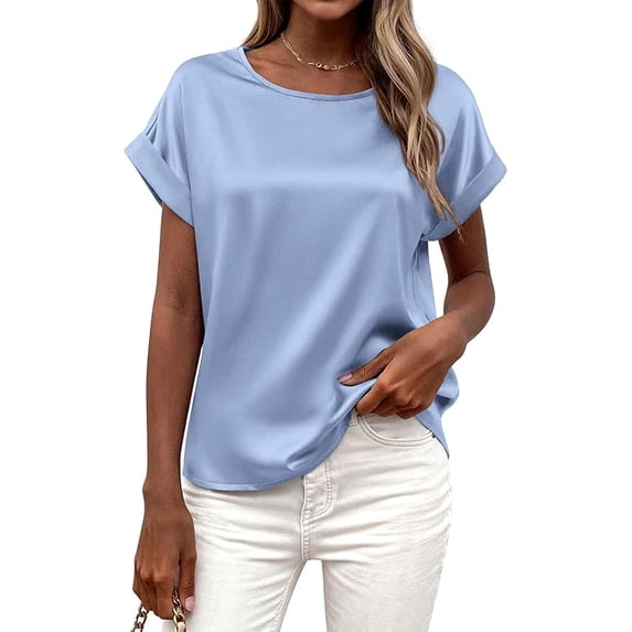 FreshPretty Womens Summer Tops Satin Silk Crewneck Short Sleeve Shirts ...