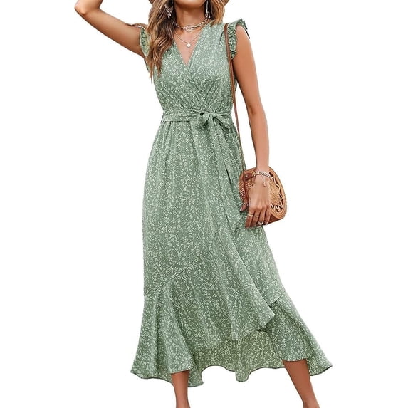 FreshPrettySummer Floral Maxi Dress for Women Vacation Ruffle Sleeve V ...