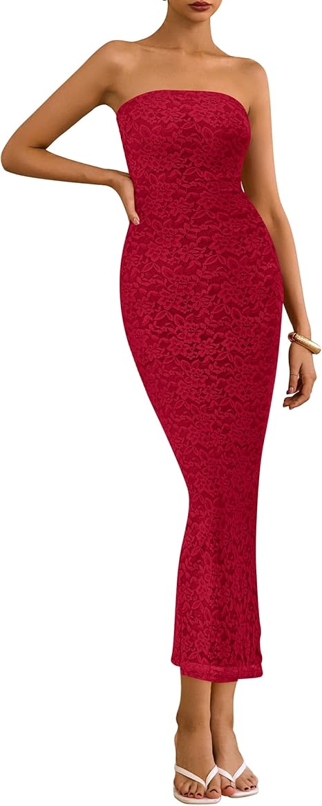 FreshPrettyWomen Strapless Lace Formal Maxi Dress Summer Bodycon Tube ...