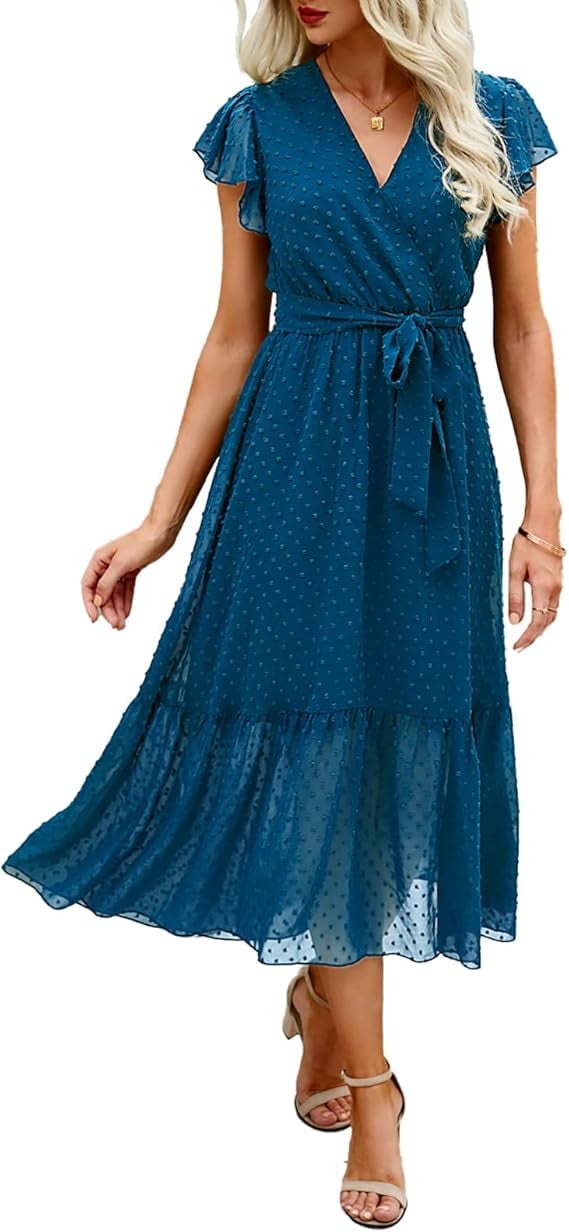 FreshPrettyWomen Summer Bohemian Floral Casual Wrap V Neck Ruffle Cap ...