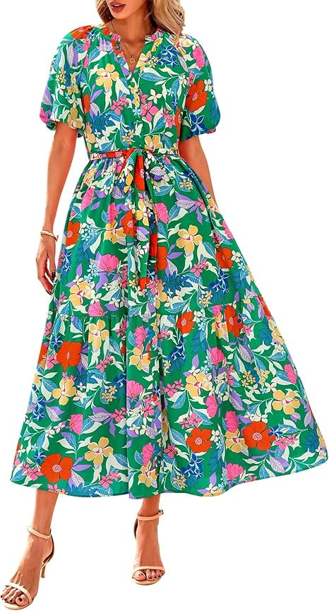 FreshPrettyWomen Summer Floral Midi Dresses Casual Boho Puff Short ...