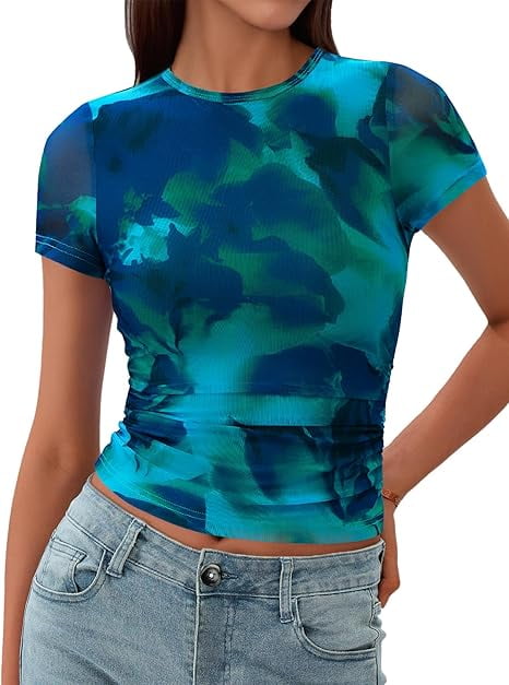 FreshPrettyWomens Sheer Mesh Summer Tops 2025 Crewneck Short Sleeve ...