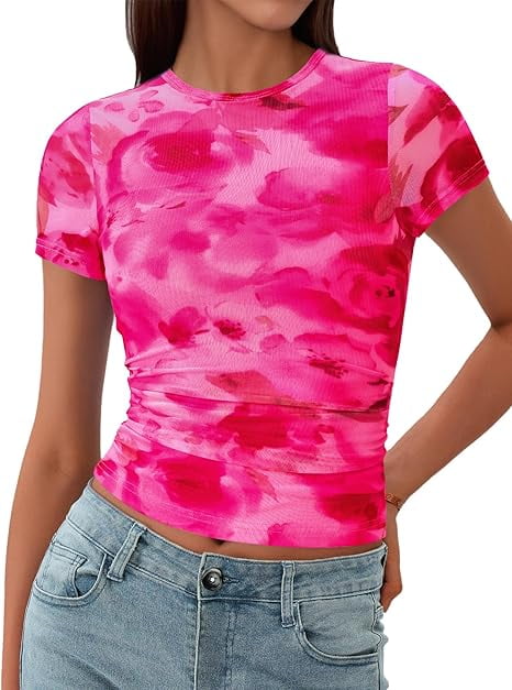 FreshPrettyWomens Sheer Mesh Summer Tops 2025 Crewneck Short Sleeve ...