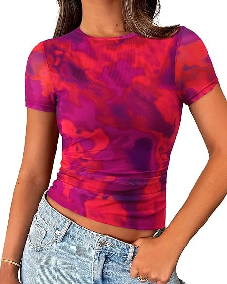 FreshPrettyWomens Sheer Mesh Summer Tops 2025 Crewneck Short Sleeve ...