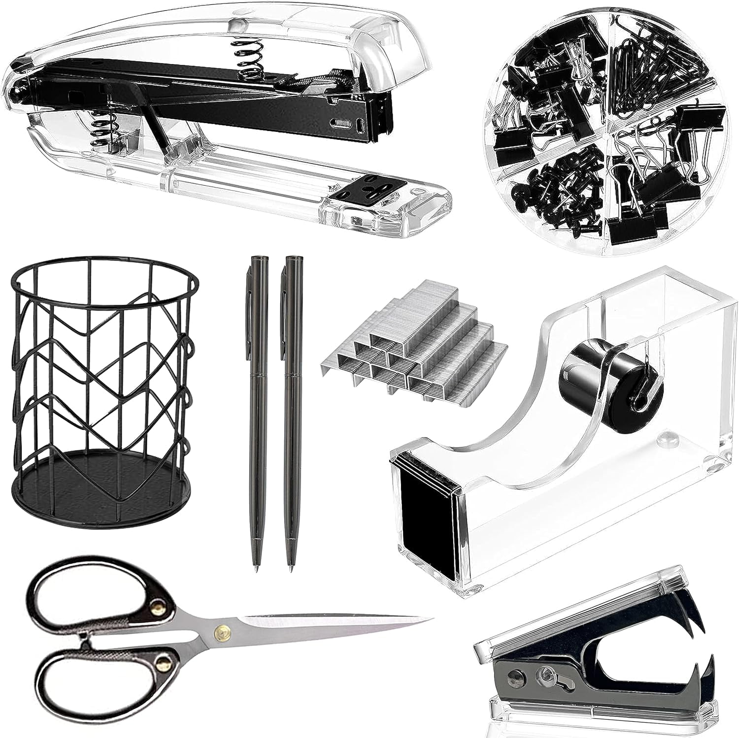 FreshVille Office Desk Accessories，Office Supplies Set Acrylic Stapler Set Staple Remover, Tape ...