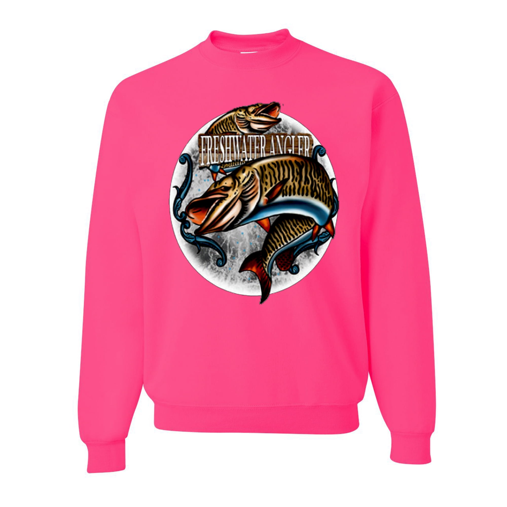 FreshWater Angler Fish Lover Mens Crew Neck , Neon Pink, Medium ...