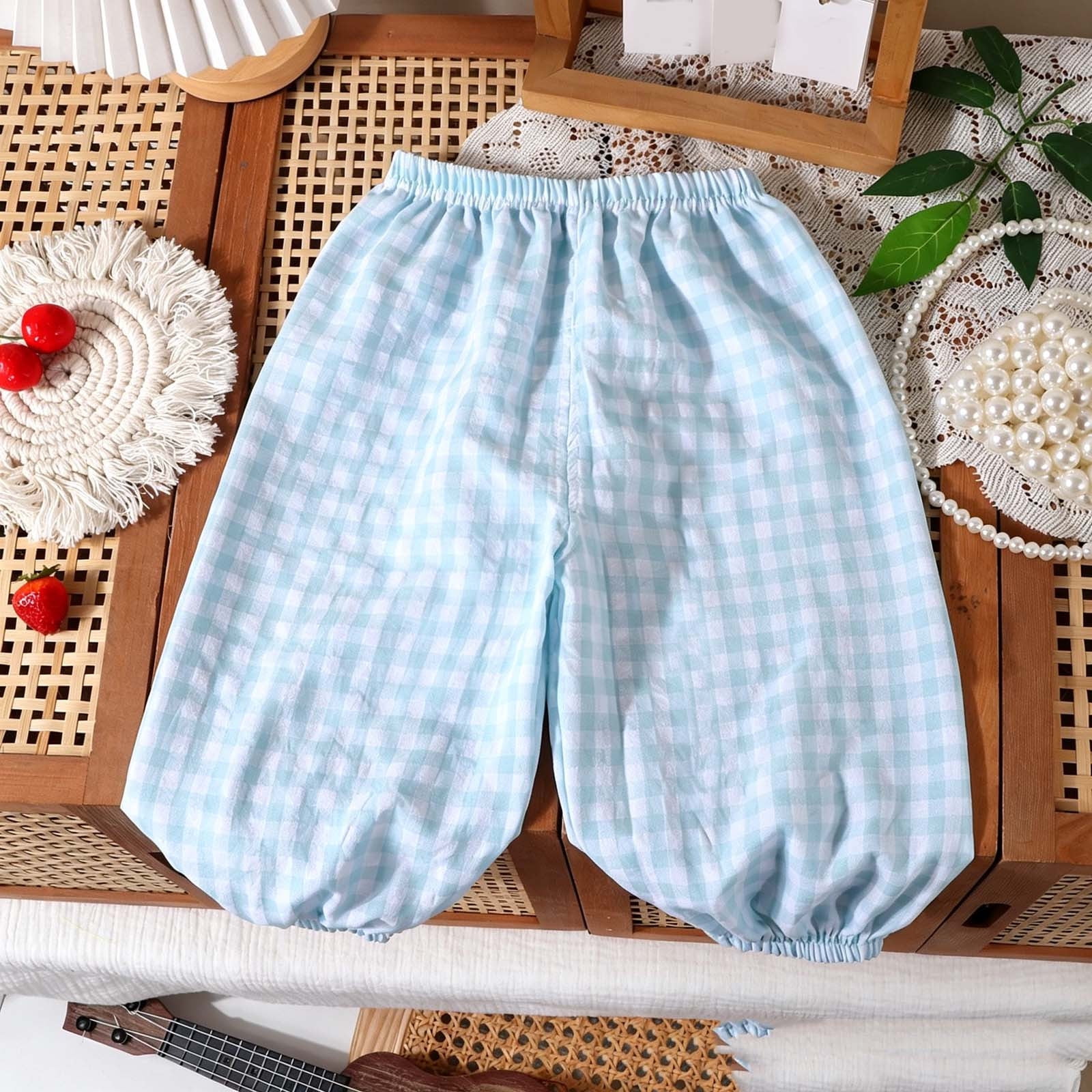 Freshbabe Kids Solid Gingham Checkered Pants Elastic Waist Casual Loose ...
