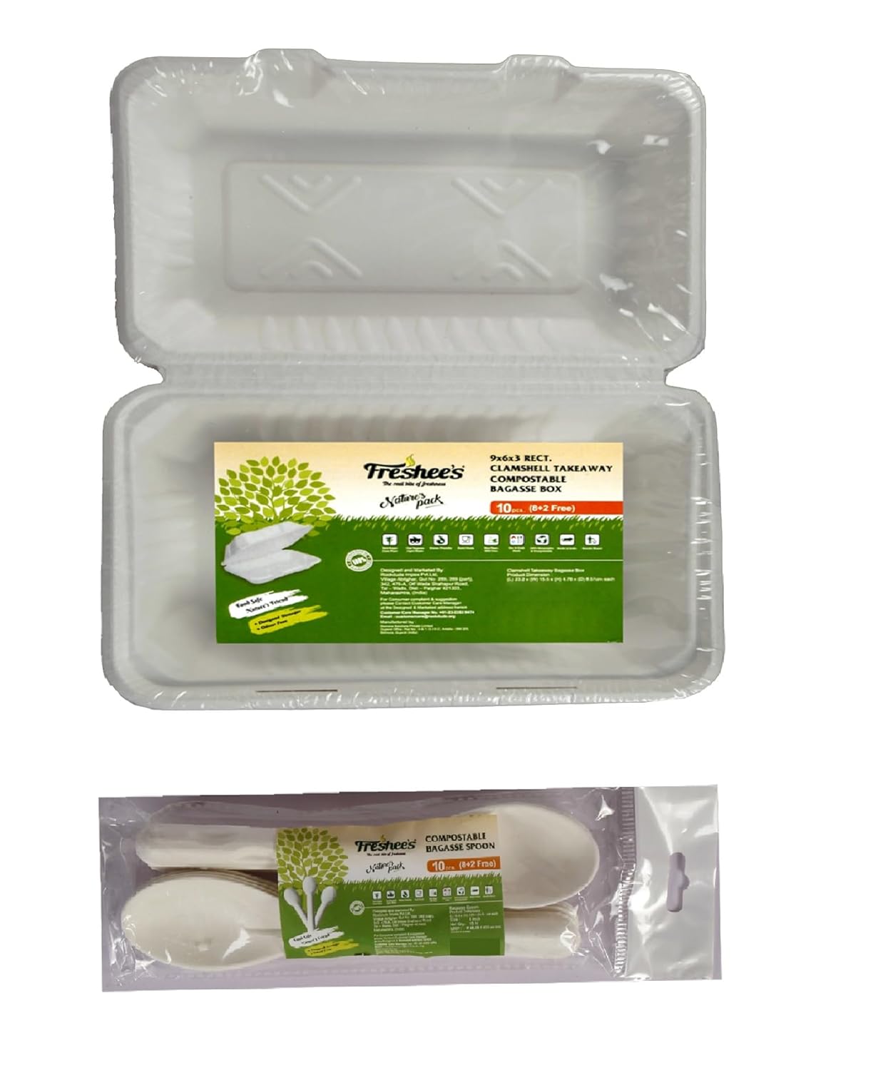 Freshee Set of 20 Disposable Bagasse Clamshell with Spoon 10Pcs Each ...