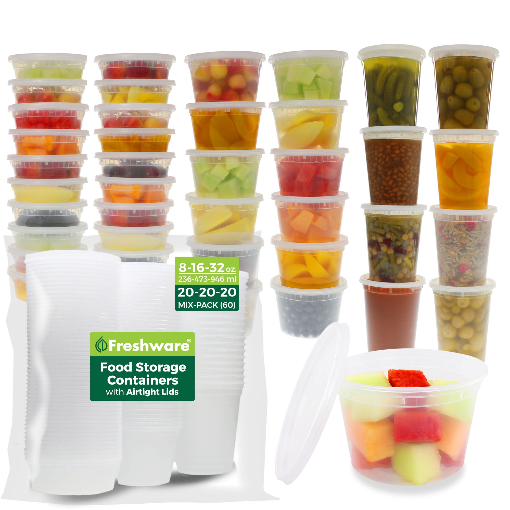 Freshware 60-Pack Plastic Food Storage Containers, 8, 16, 32 oz ...