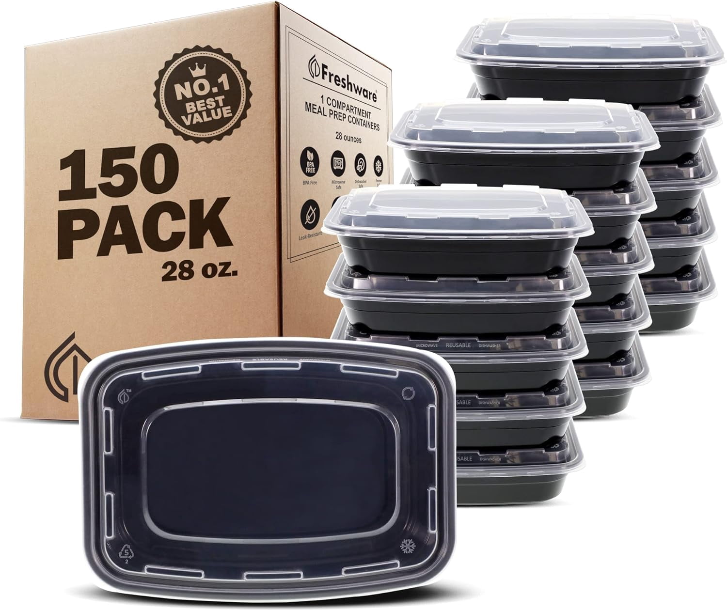 Freshware Meal Prep Containers [150 Pack] 1 Compartment with Lids, Food ...