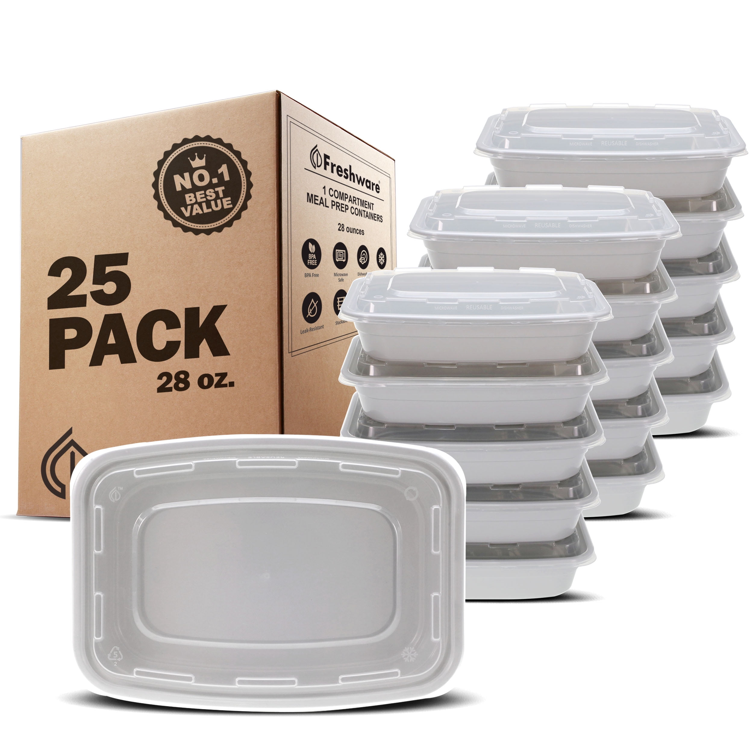 Freshware Meal Prep Containers [25 Pack] 1 Compartment Food Storage ...