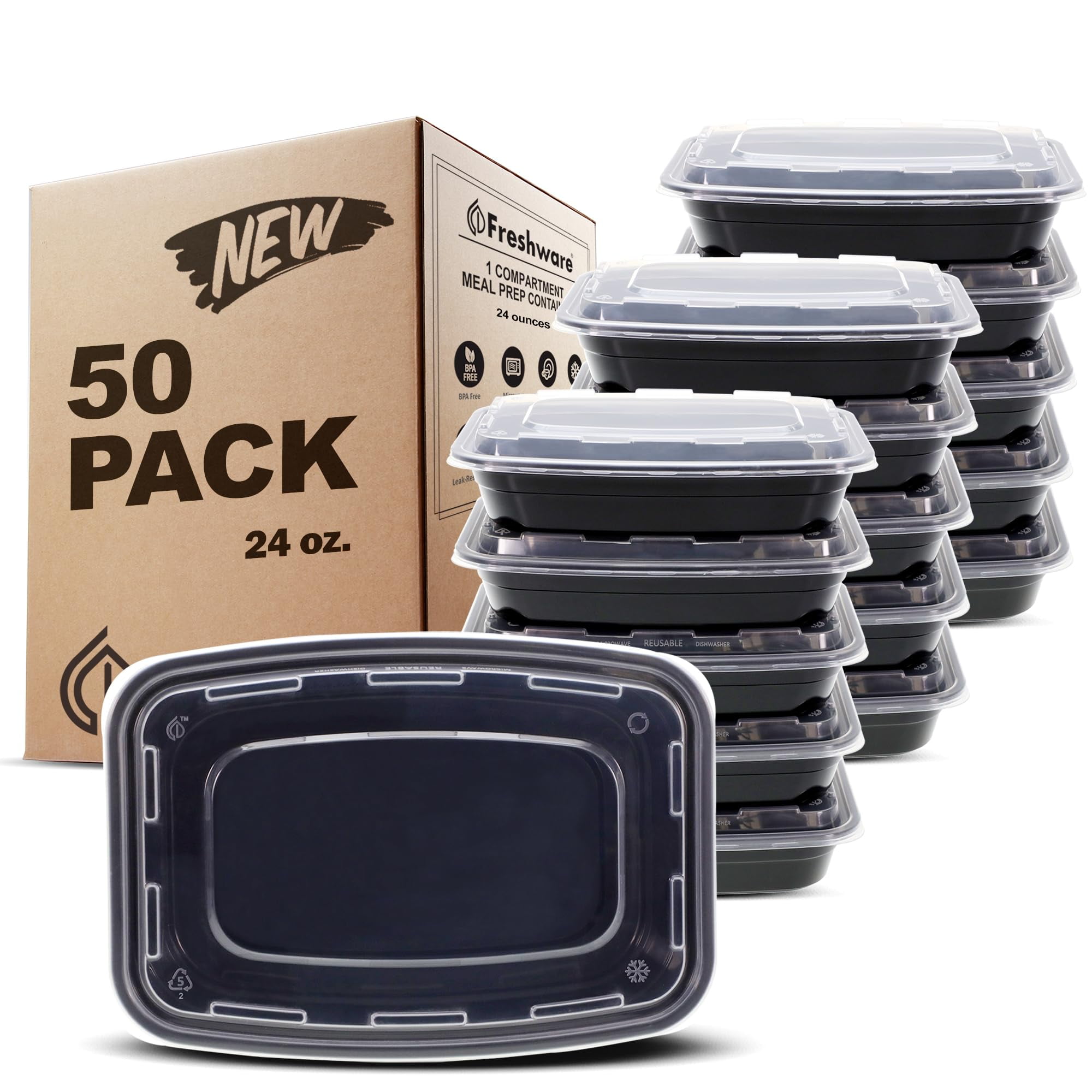 Freshware Meal Prep Containers [50 Pack] 1 Compartment with Lids, Food ...