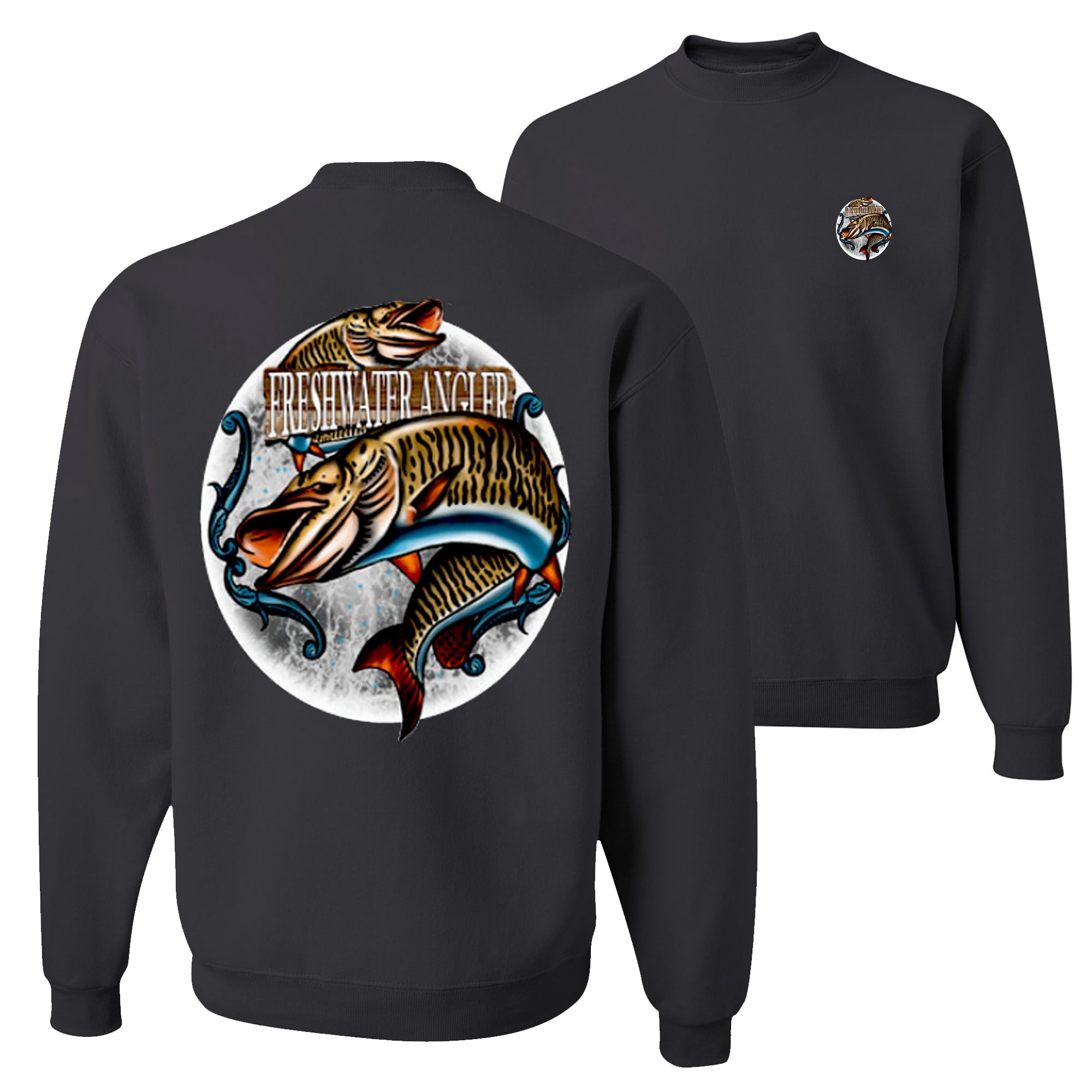 Freshwater Angler Fish Lover FRONT AND BACK Mens Crew Neck , Charcoal ...