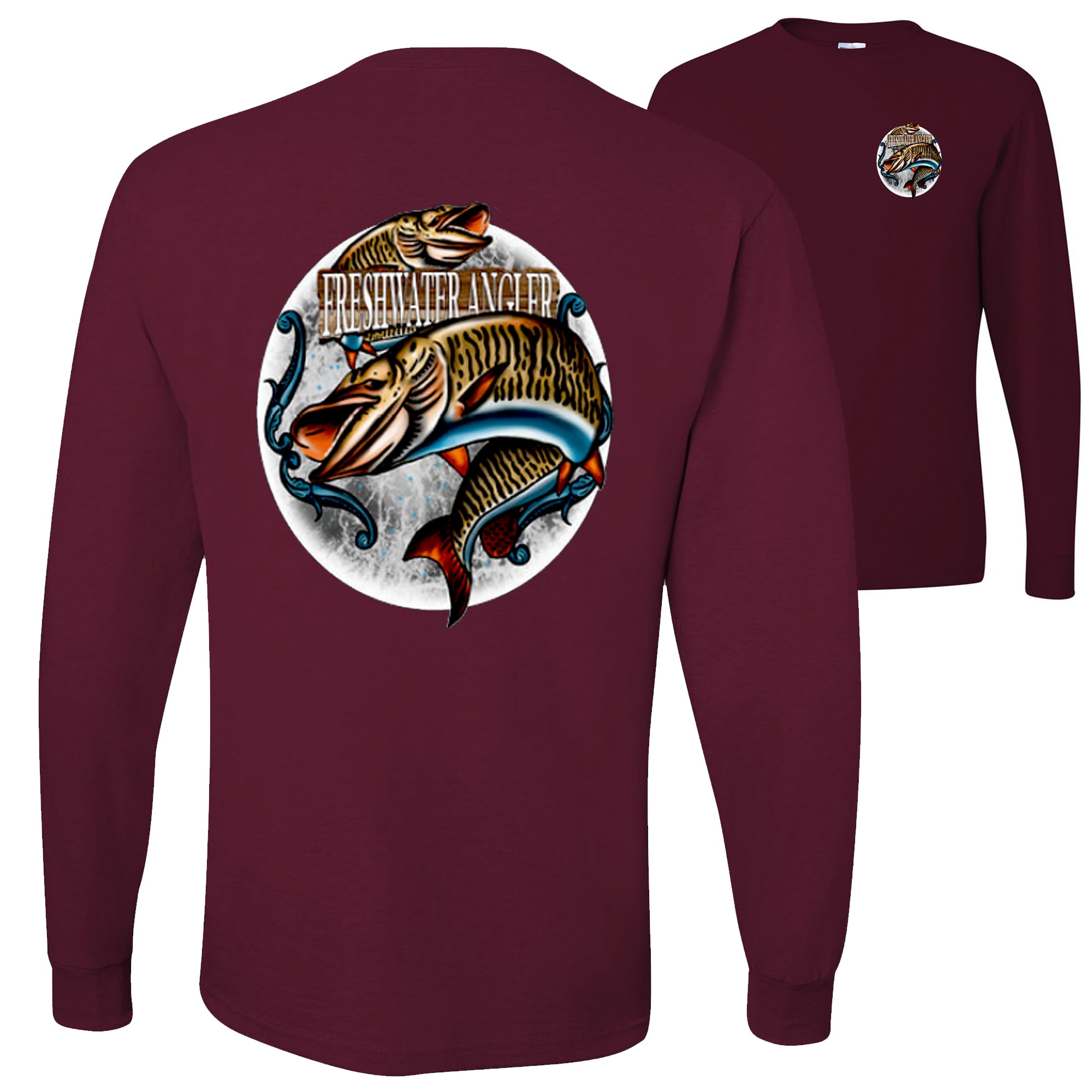 Freshwater Angler Fish Lover FRONT AND BACK Mens Long Sleeves, Maroon ...