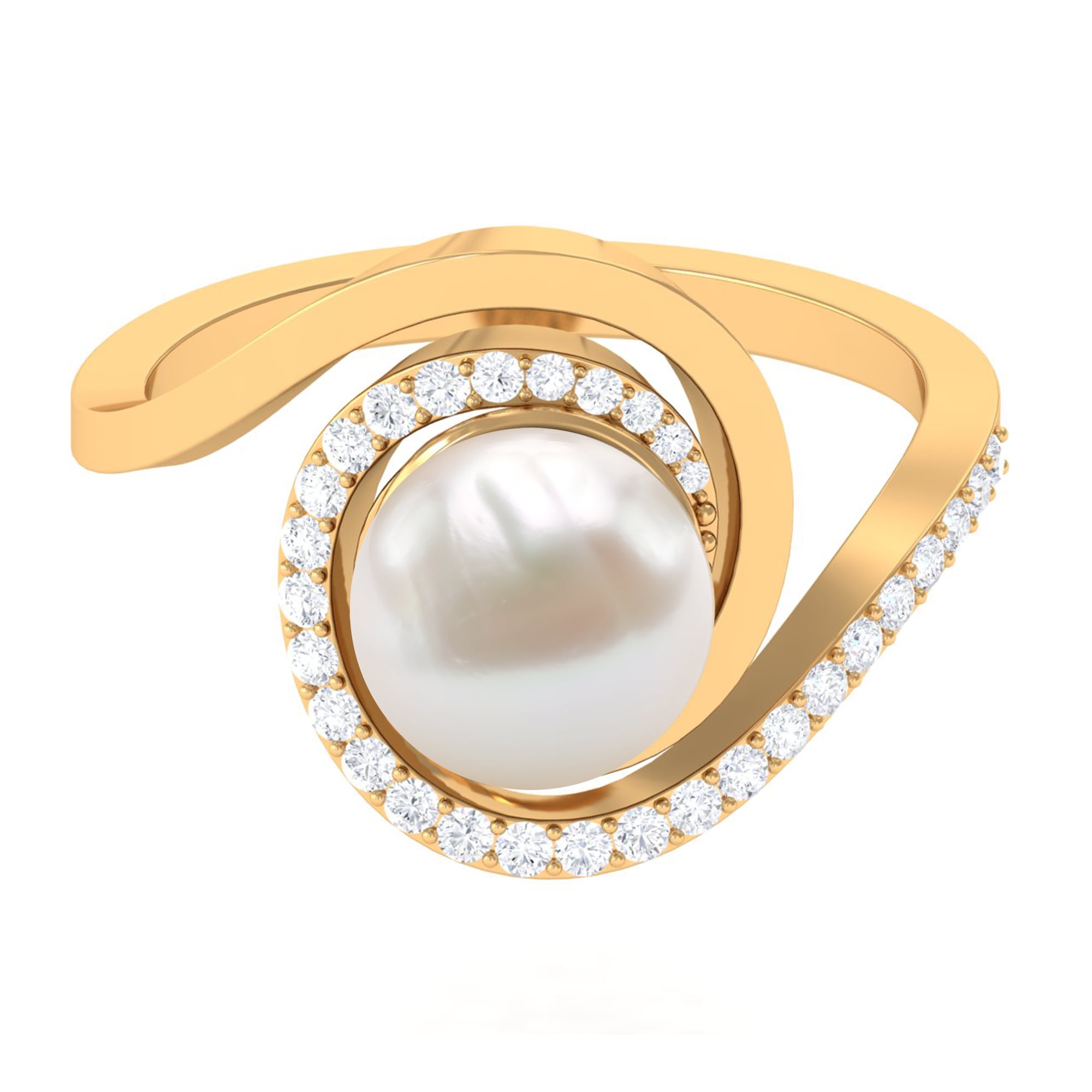 Freshwater Pearl Bypass Ring with Diamond for Women - 8 mm, 7.75 CT, 14K Yellow Gold, US 9.50 ...