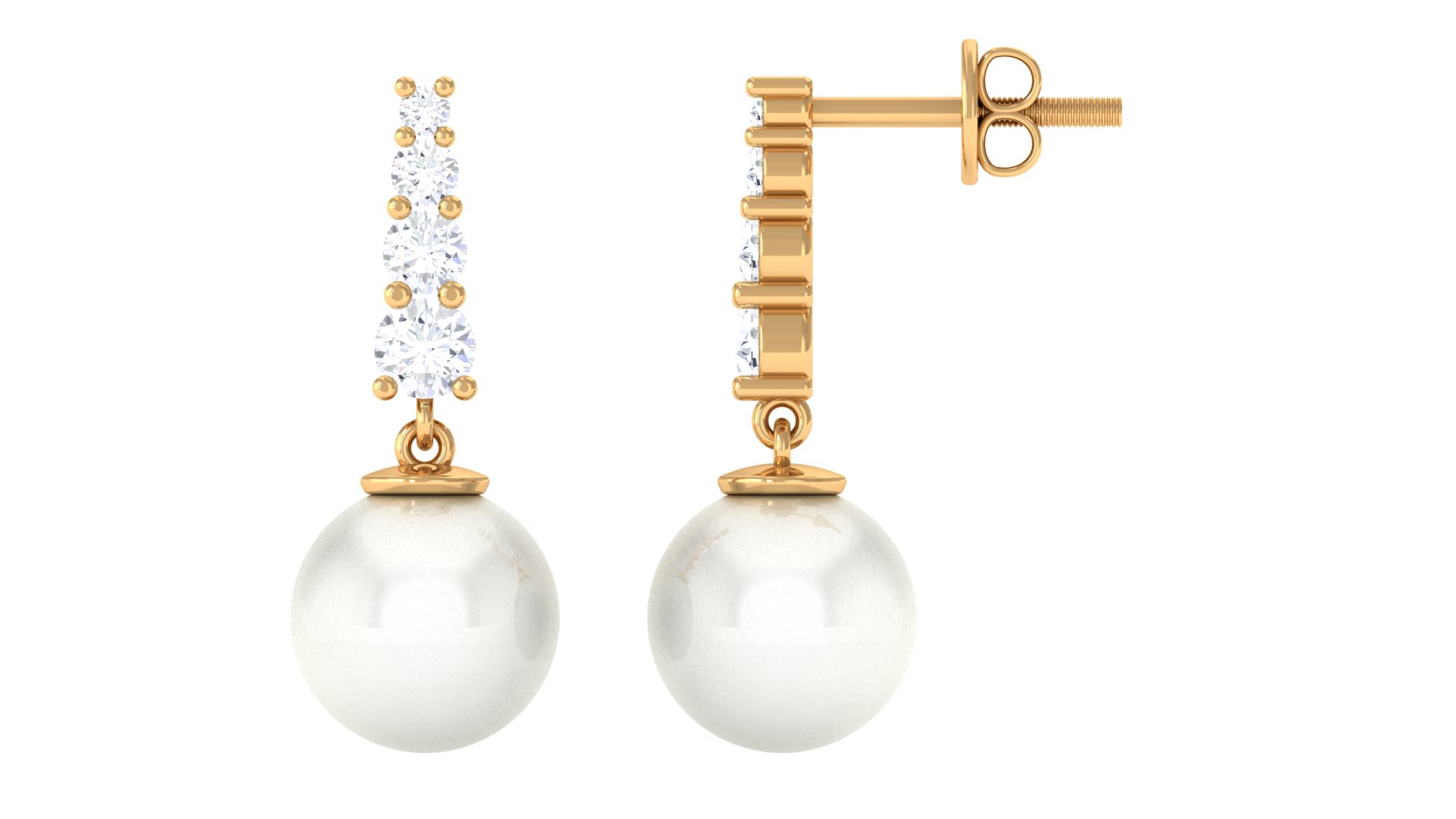 Freshwater Pearl Earrings with Moissanite for Women, Bar Drop Earrings, AAA Grade, 10K Yellow ...