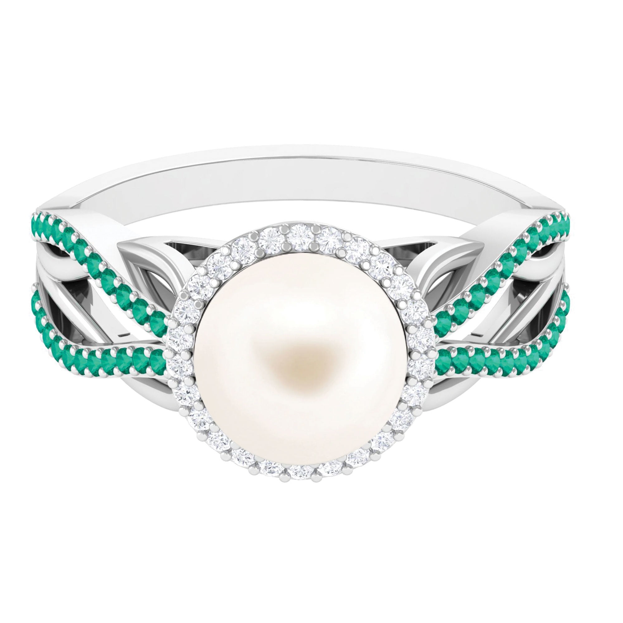 Freshwater Pearl Ring with Emerald and Diamond for Women, Designer ...