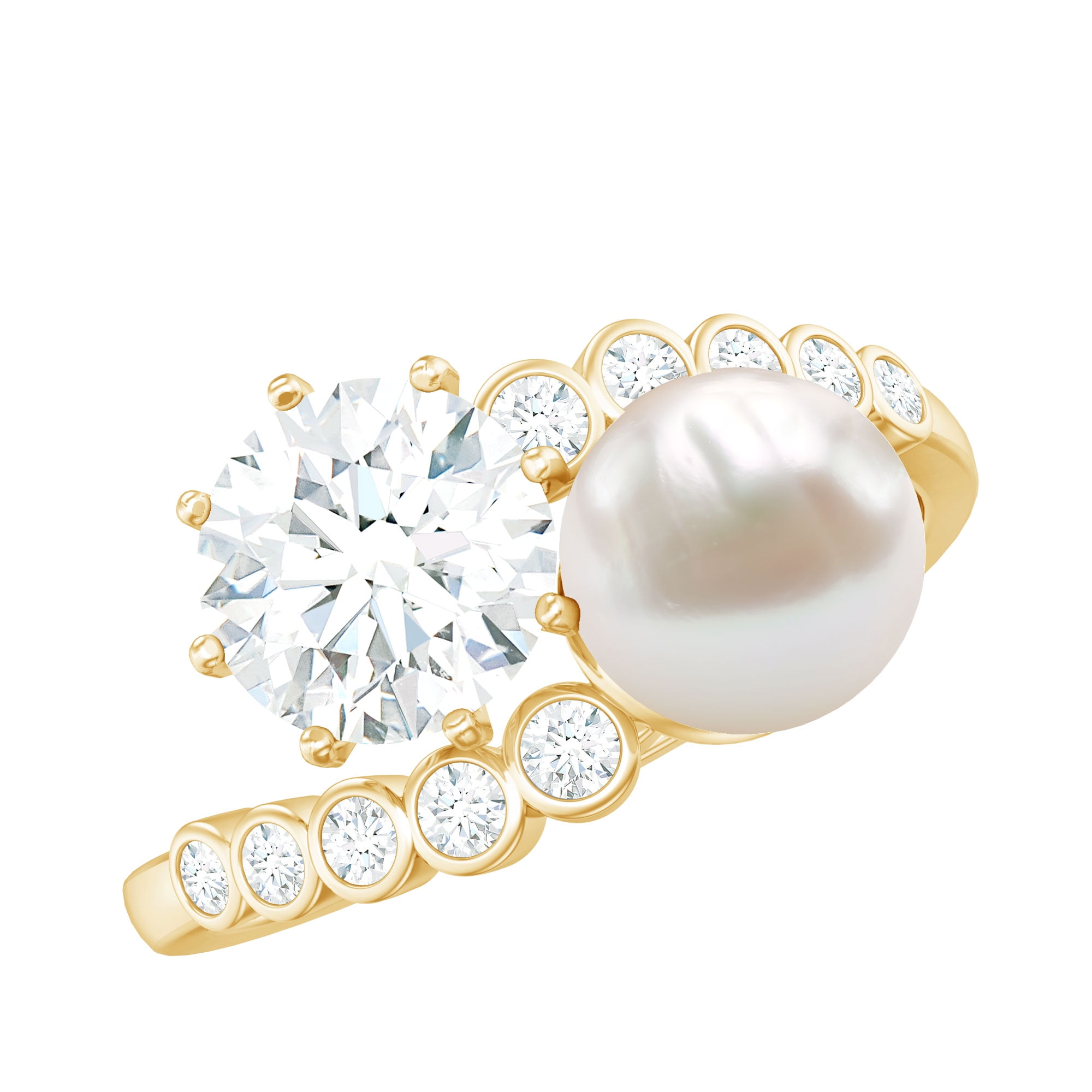 Rosec Jewels Genuine Pearl Moissanite Toi Et Moi Engagement Ring ...