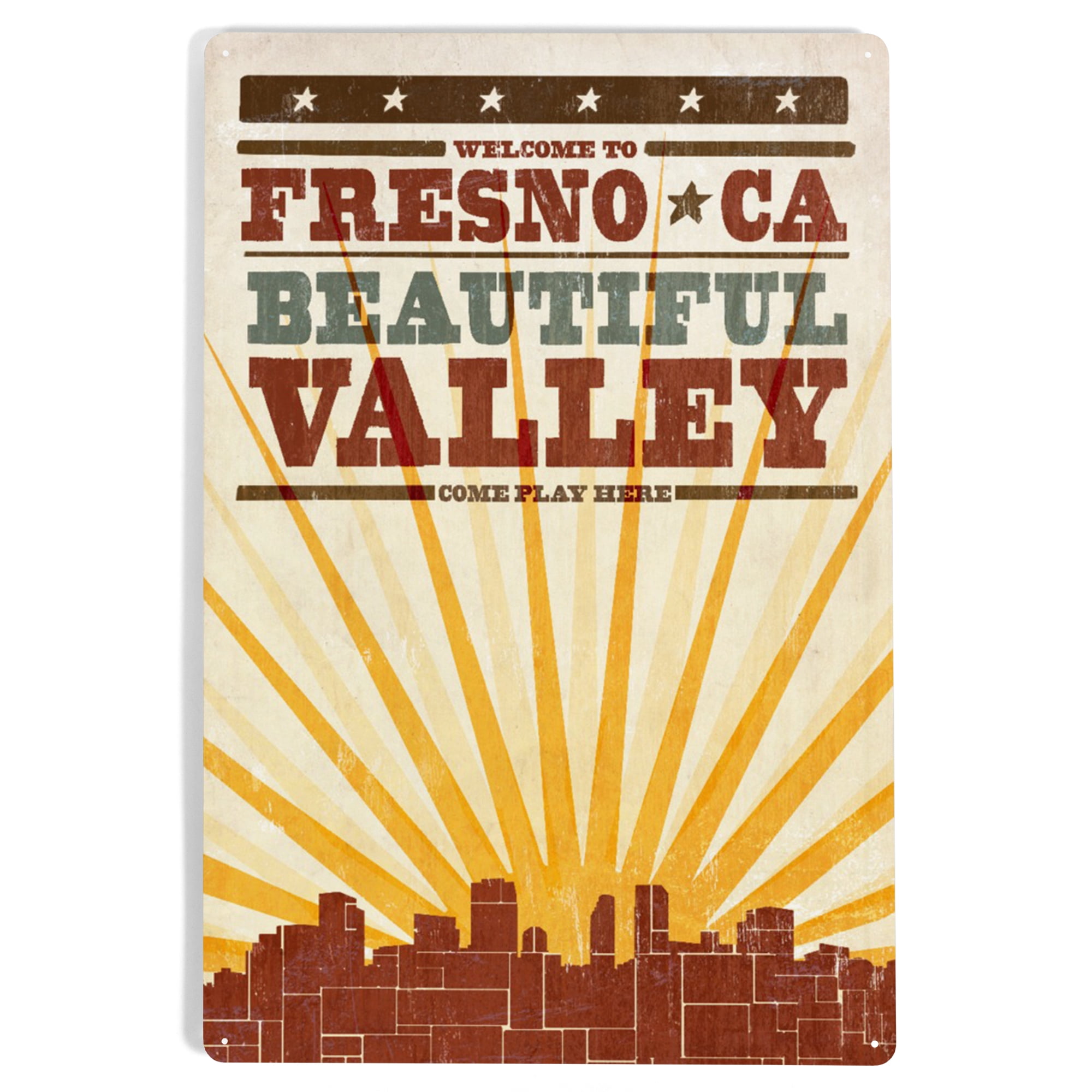 Fresno, California, Skyline and Sunburst Screenprint Style (12x18 ...