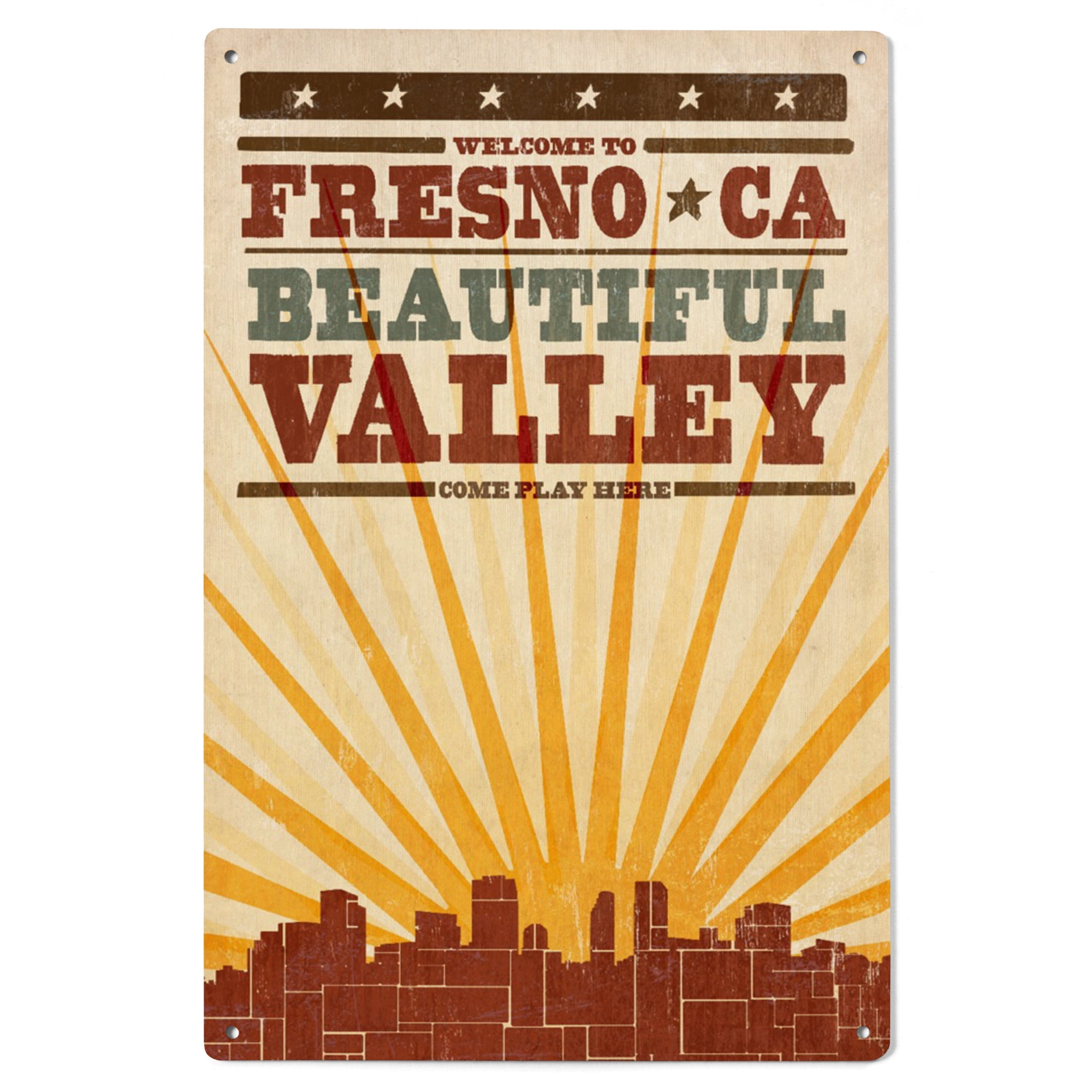 Fresno, California, Skyline and Sunburst Screenprint Style Birch Wood ...
