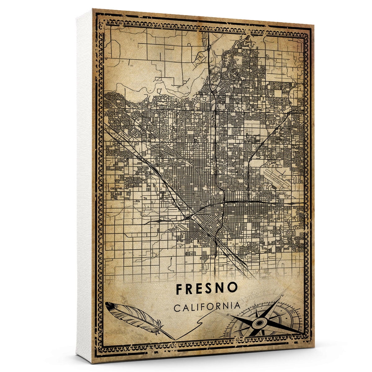Fresno Vintage Map Prints Canvas, California Map Art Canvas, Canvas ...
