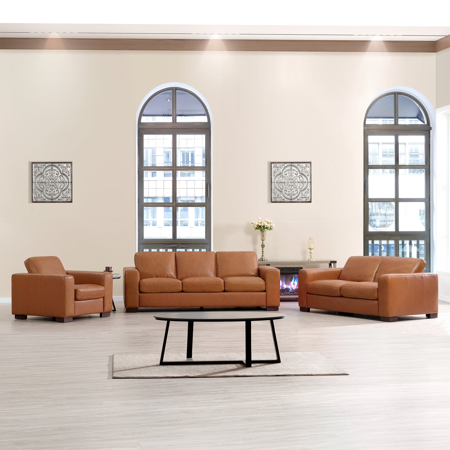 Freya Contemporary Oversized Genuine Leather Sofa Set of 3 by Naomi Home-Color:Tan - Walmart.com