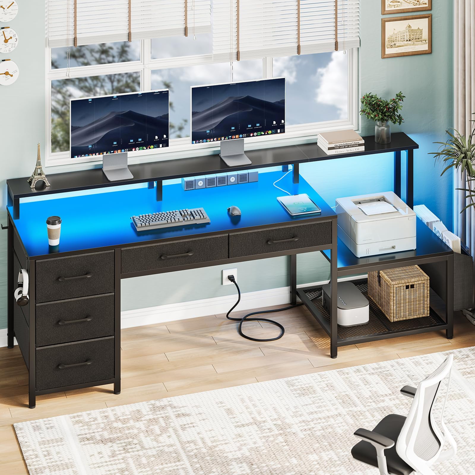 Frhnenha Computer Desk with 5 Fabric Drawers, Gaming Desk with Power ...