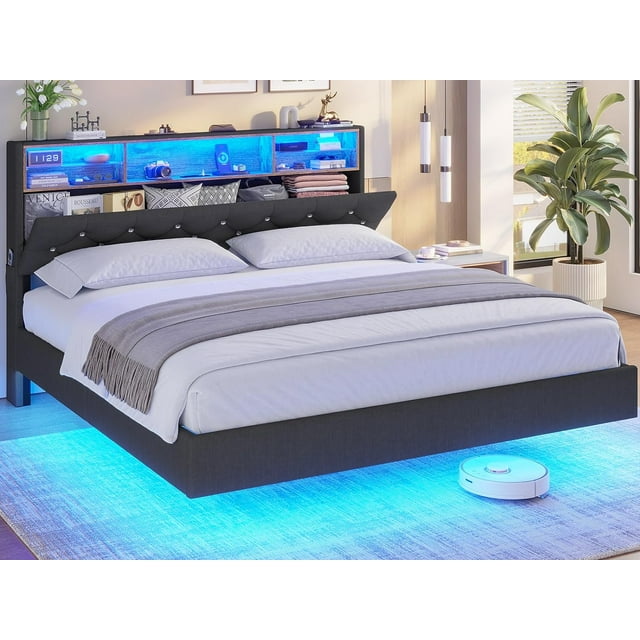 Frhnenha King Size Floating Bed Frame with Charging Station, LED ...