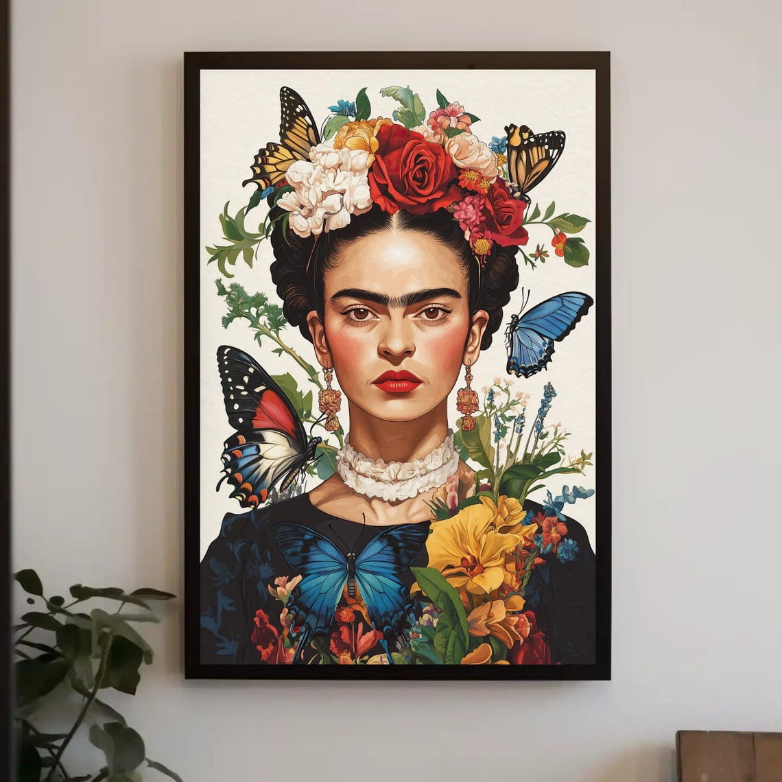 Frida Kahlo Butterflies And Flower Portrait Canvas Print | Vibrant ...