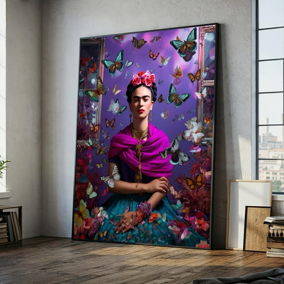 Frida Kahlo Canvas Painting With Colorful Butterflies – Ready To Hang ...