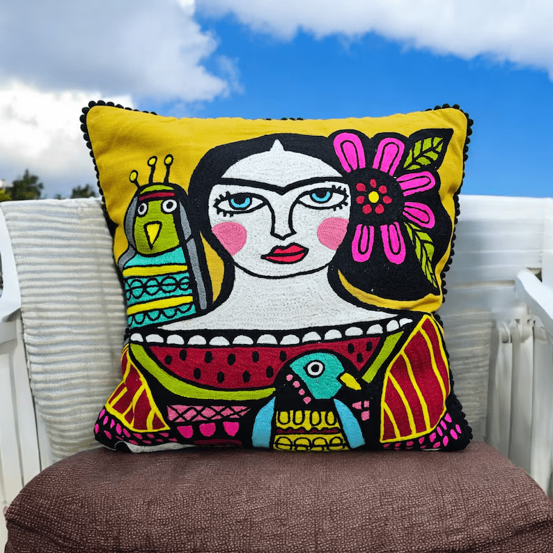 Frida Kahlo Embroidered Cushion Covers, Mexican Boho Floral Throw ...
