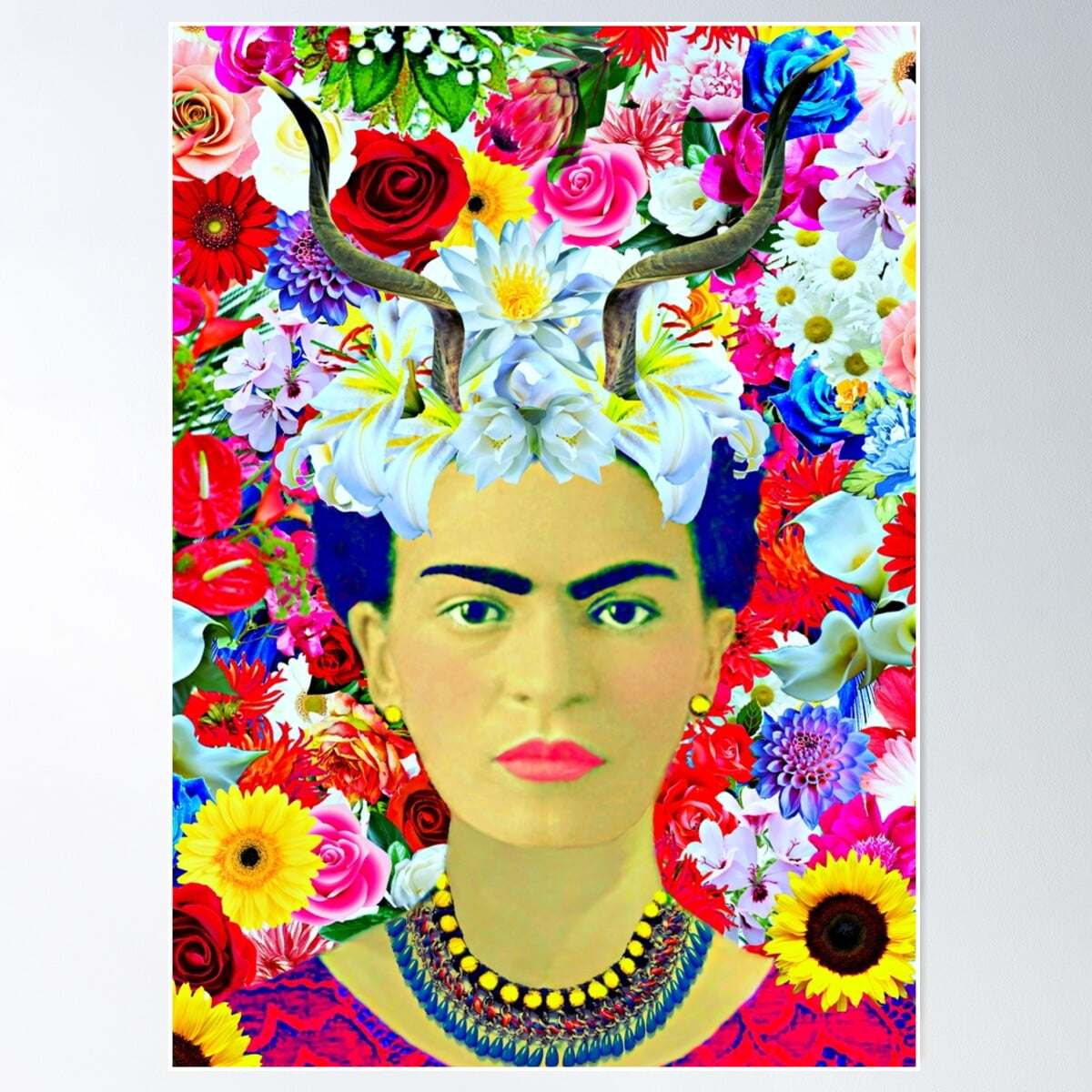 Frida Kahlo Horns Colorful Floral Poster Wall Art, Modern Wall Decor ...