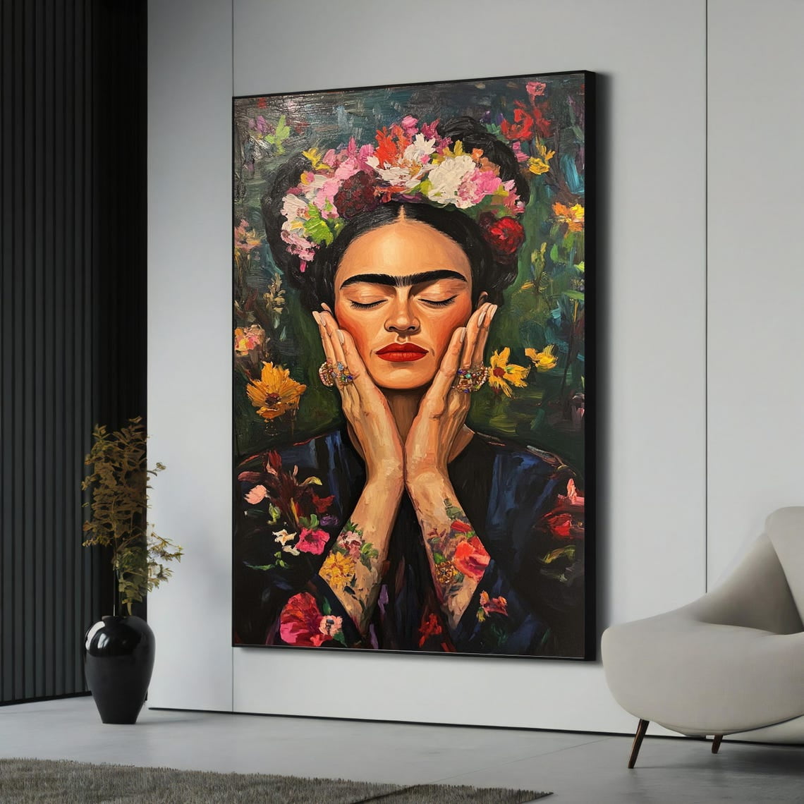 Frida Kahlo-Inspired Floral Portrait - Bold And Vibrant Canvas Painting ...