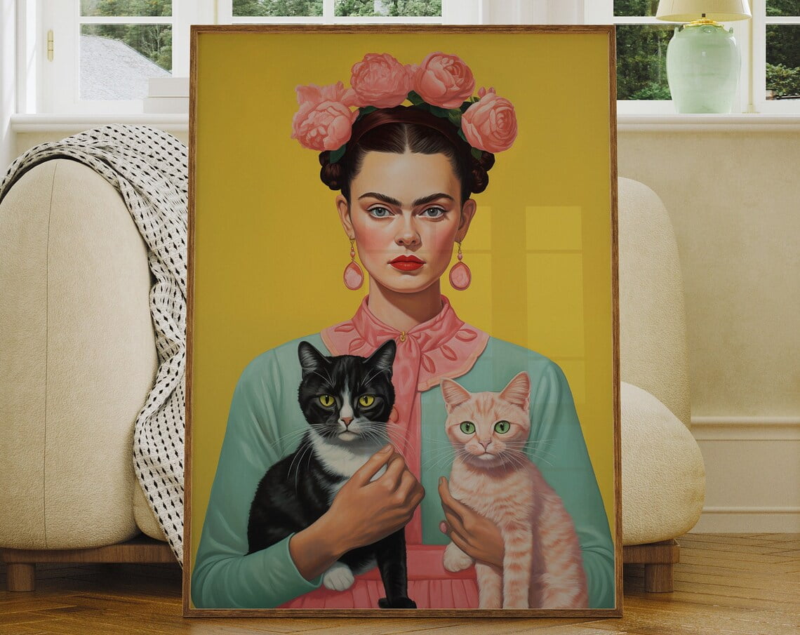 Frida Kahlo Photo With Cute Cats Yellow, , Frida Kahlo Print, Frida ...