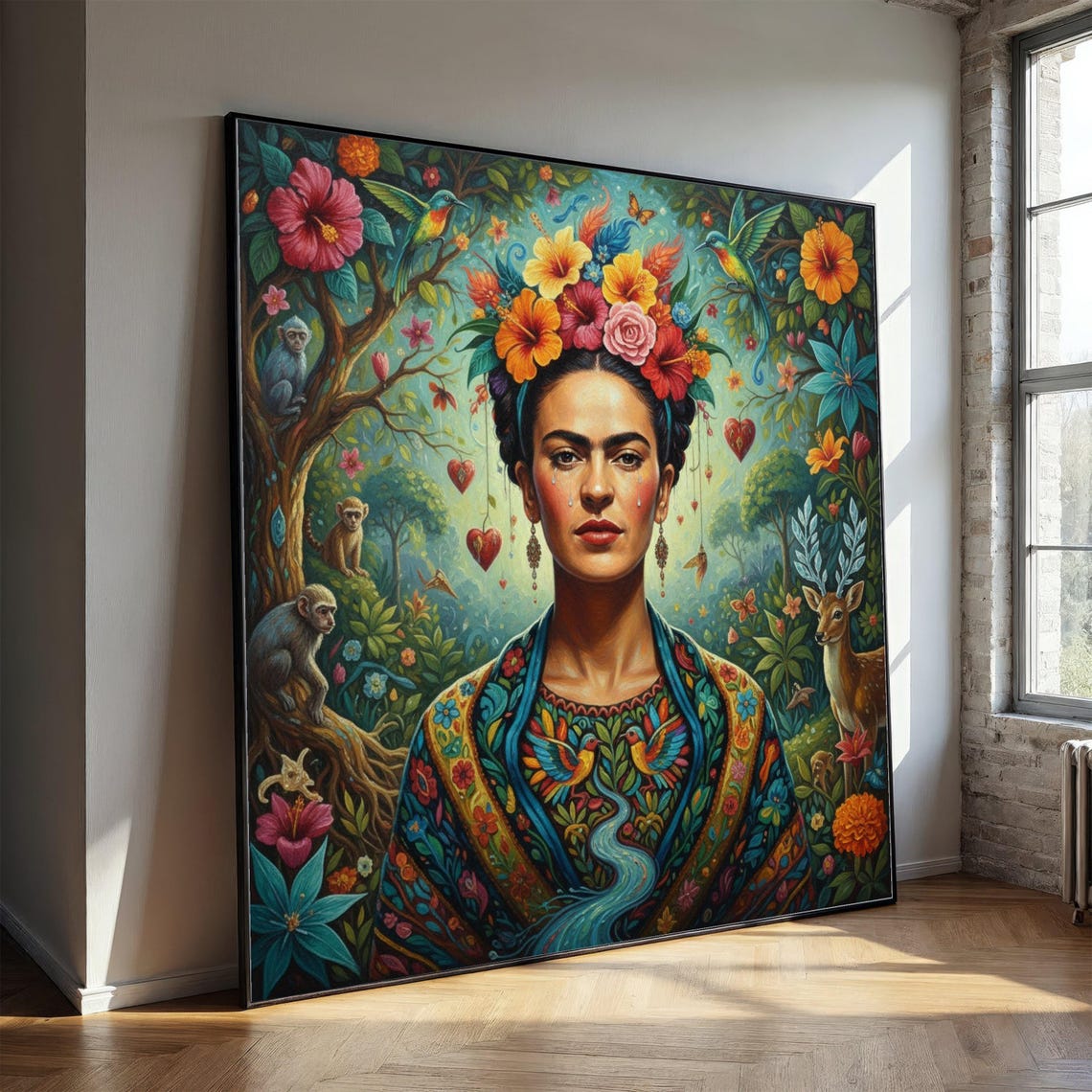 Frida Kahlo Portrait Canvas, Floral Crown Wall Art, Vibrant Mexican ...