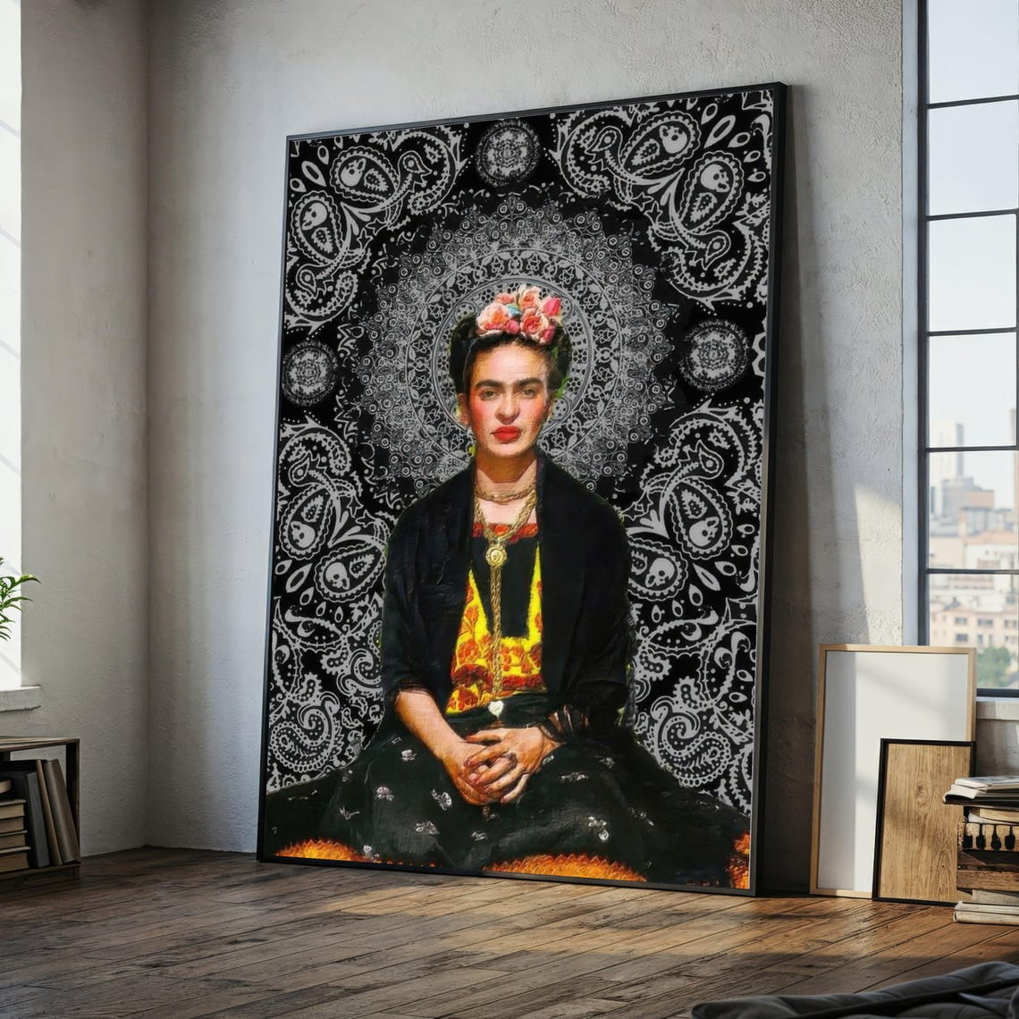 Frida Kahlo Portrait Canvas, Mexican Artist Wall Art, Floral Headpiece ...