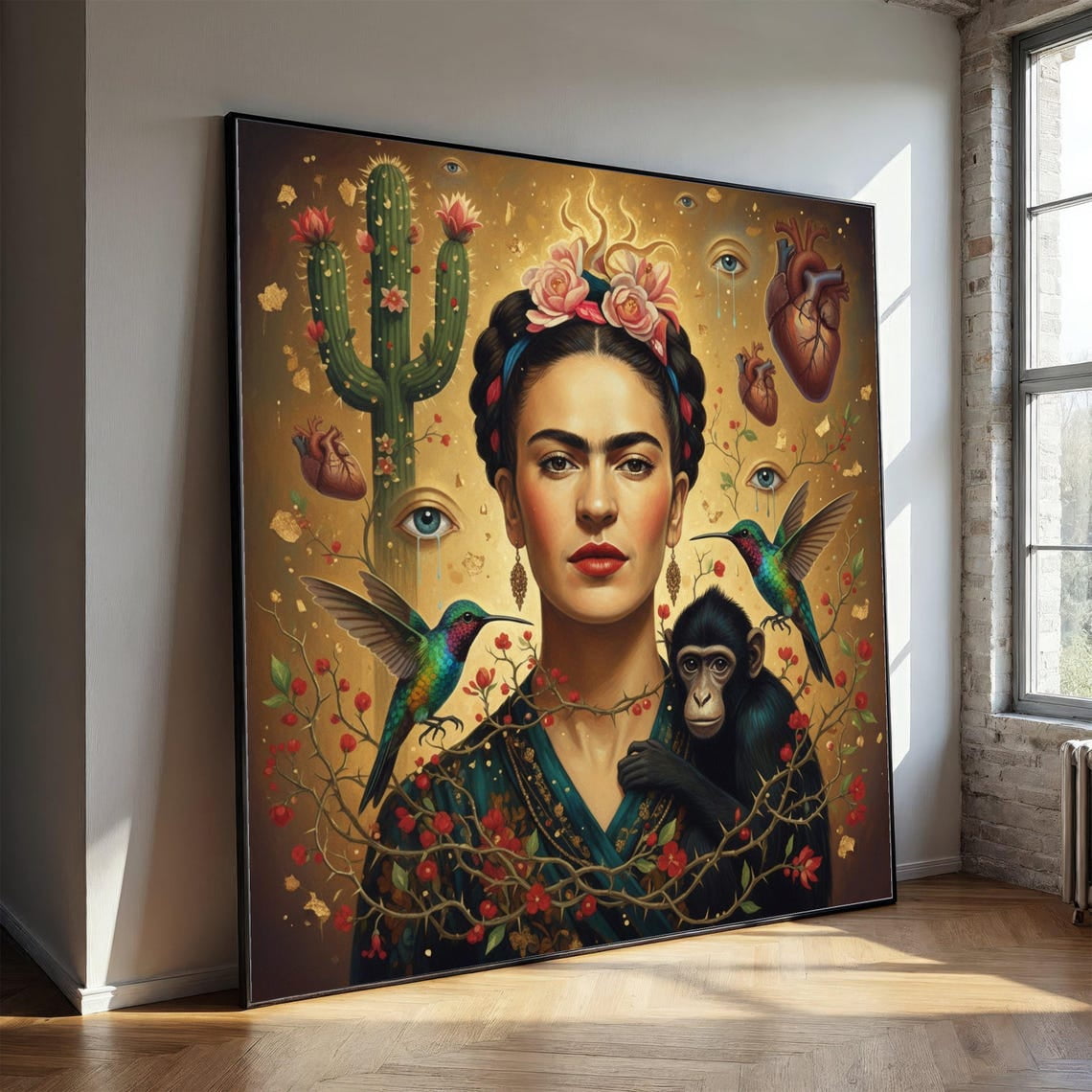 Frida Kahlo Portrait Canvas, Surreal Mexican Art, Floral And Cactus ...