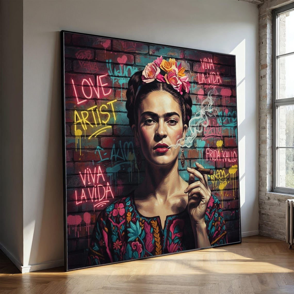 Frida Kahlo Portrait Canvas, Viva La Vida Wall Art, Colorful Floral ...